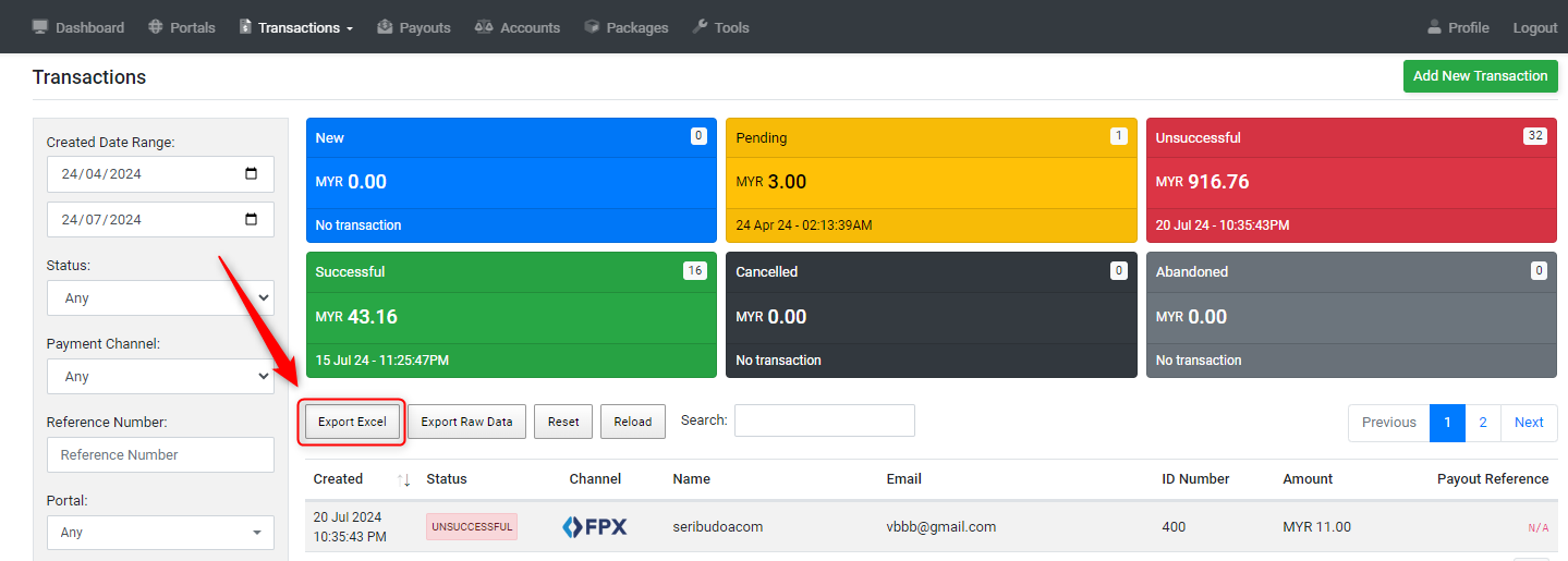 Export Report Transaksi Kepada File Excel - Bayarcash Platform Documentation